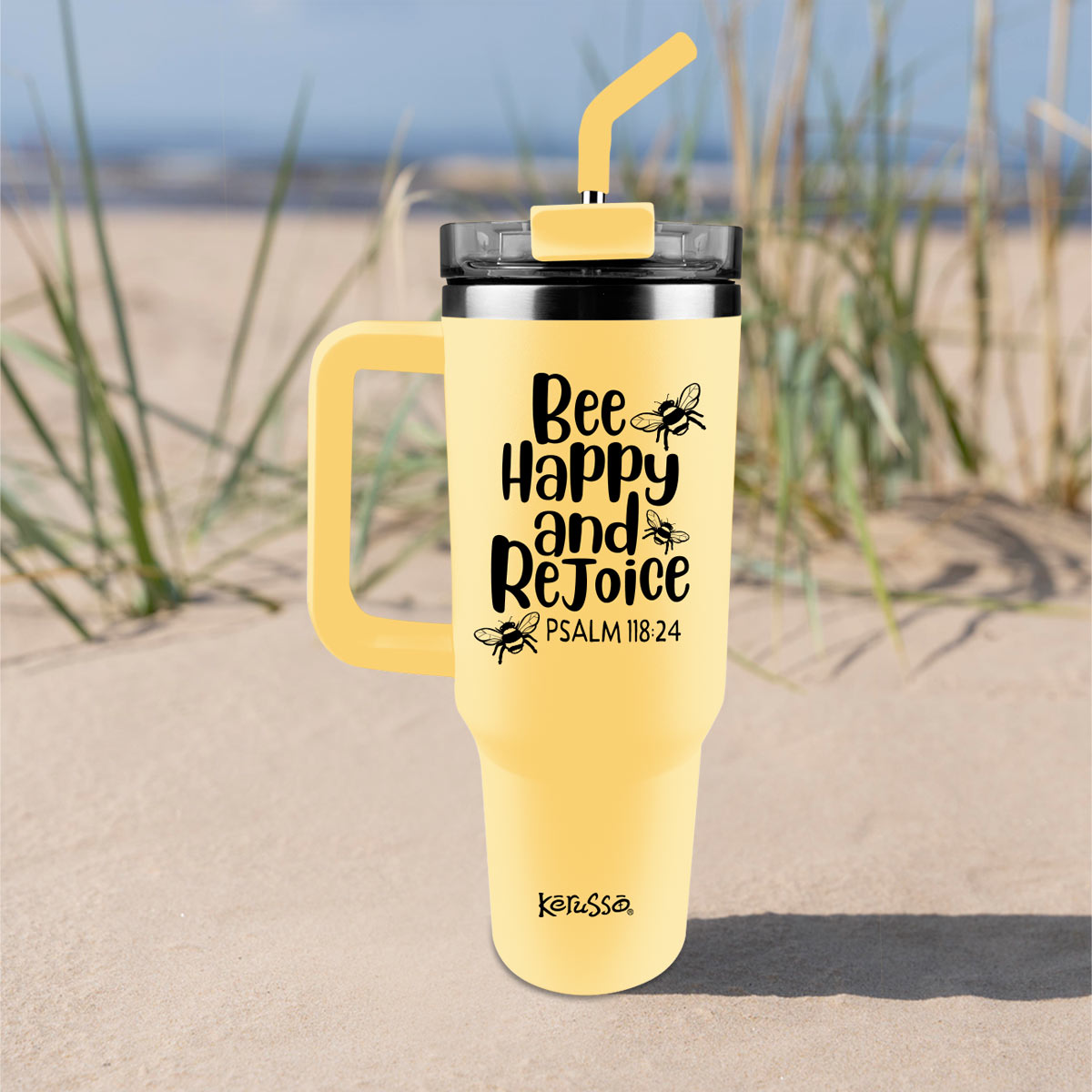 Kerusso 40 oz Stainless Steel Mug With Straw Bee Happy And Rejoice ...